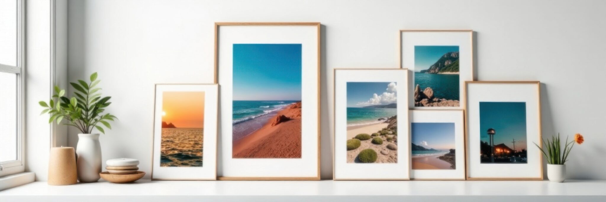 A selection of large format prints and smaller framed photos in a ...